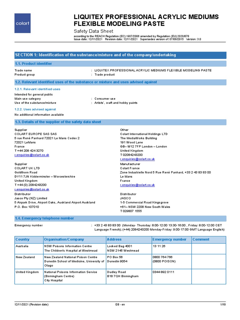 Liquitex Flexible Modelling Paste SDS | PDF | Toxicity | Dangerous Goods