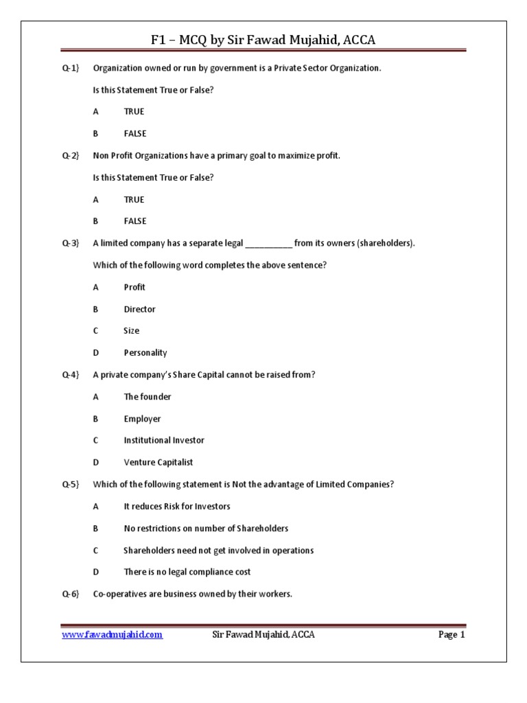 F1 - MCQ by Sir Fawad Mujahid, ACCA | PDF | Strategic Management ...