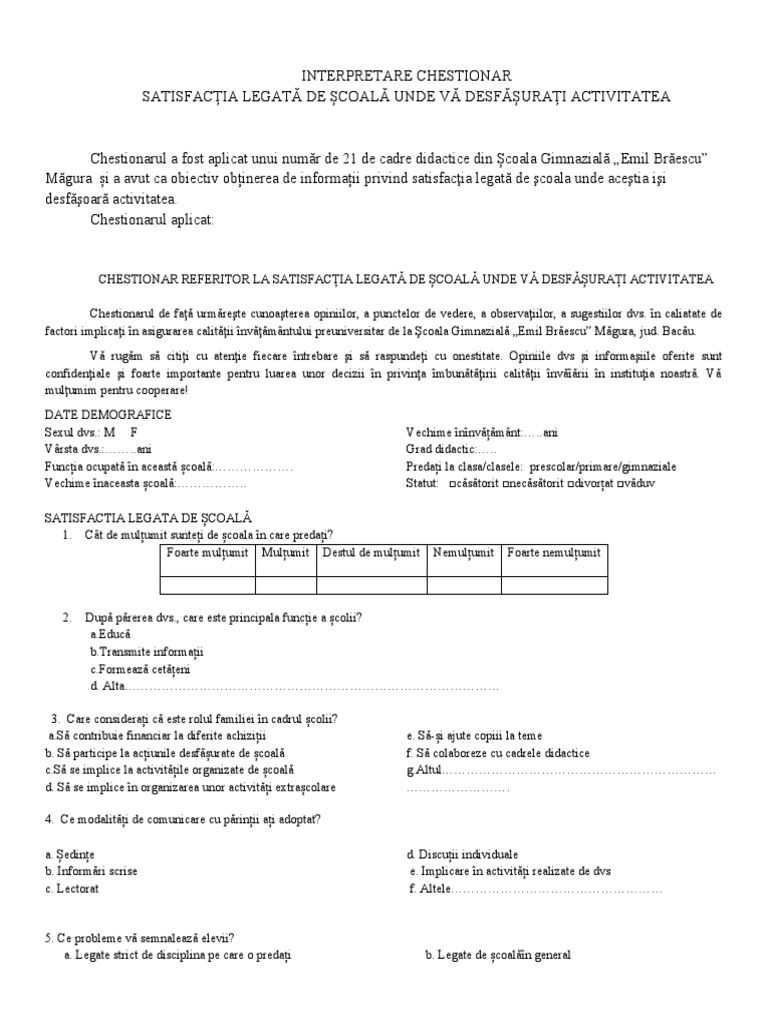 Chestionar satisfactie cadre didactice | PDF