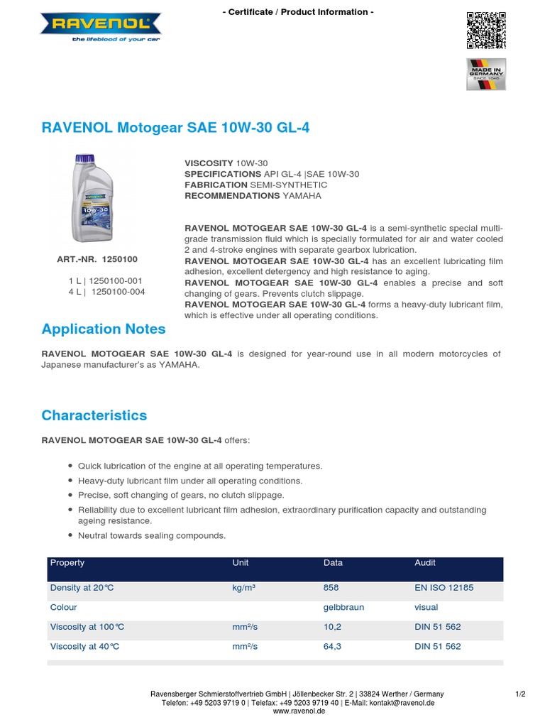 Ravenol Motogear Sae 10w-30 Gl-4 | PDF | Motor Oil | Mechanical Engineering