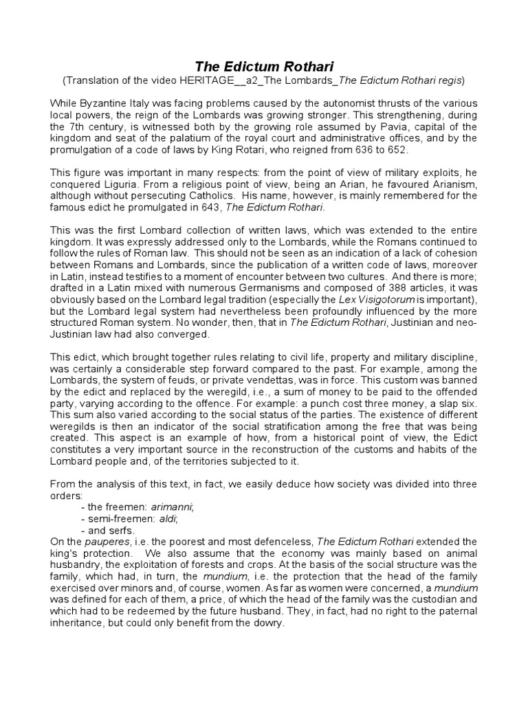 Editto Di Rotari in Inglese (Da Studiare) | PDF | Roman Empire