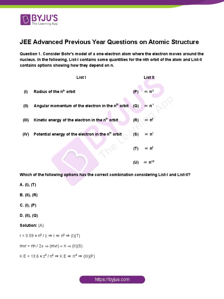 JEE Advanced Previous Year Questions On Atomic Structure | PDF | Teaching Methods & Materials ...