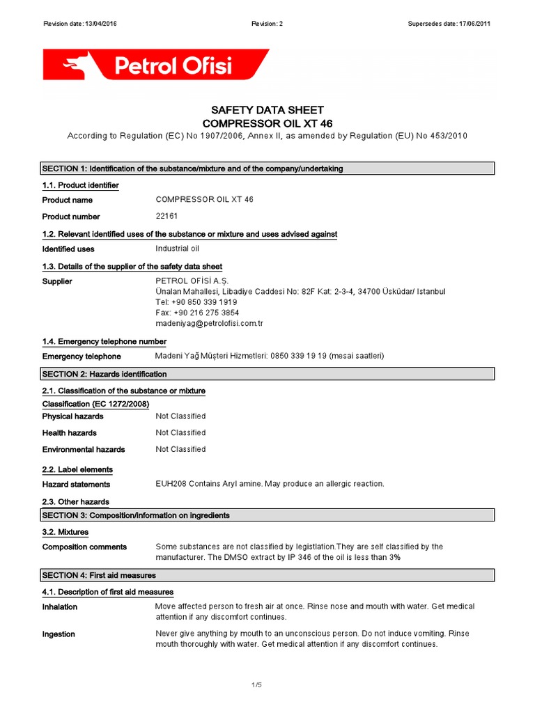 Compressor Oil XT 46 Safety Data Sheet | PDF | Dangerous Goods ...