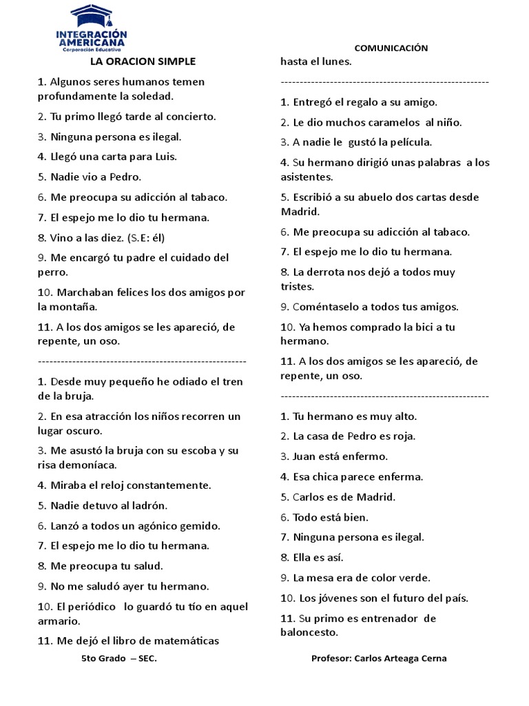 La Oracion Simple - Practica 5to Secundaria | PDF