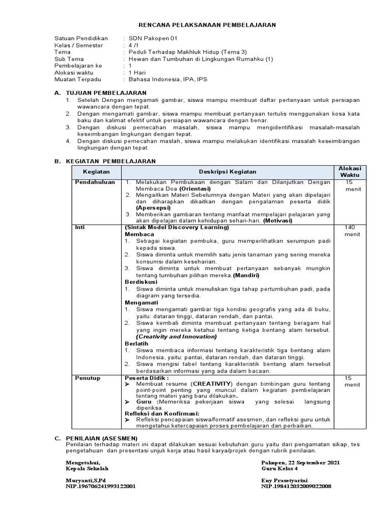 RPP Tema 3 Sub Tema 1 | PDF