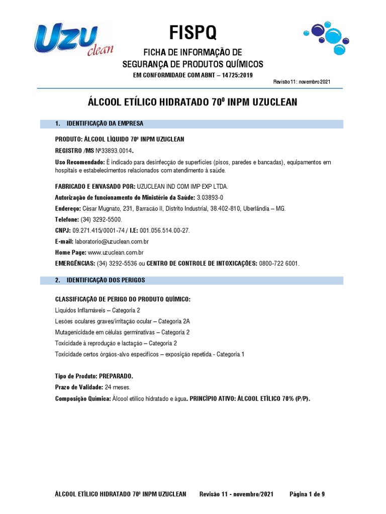 Fispq Álcool Líquido 70 Inpm Uzuclean | PDF | Desperdício | Embalagem e rotulagem
