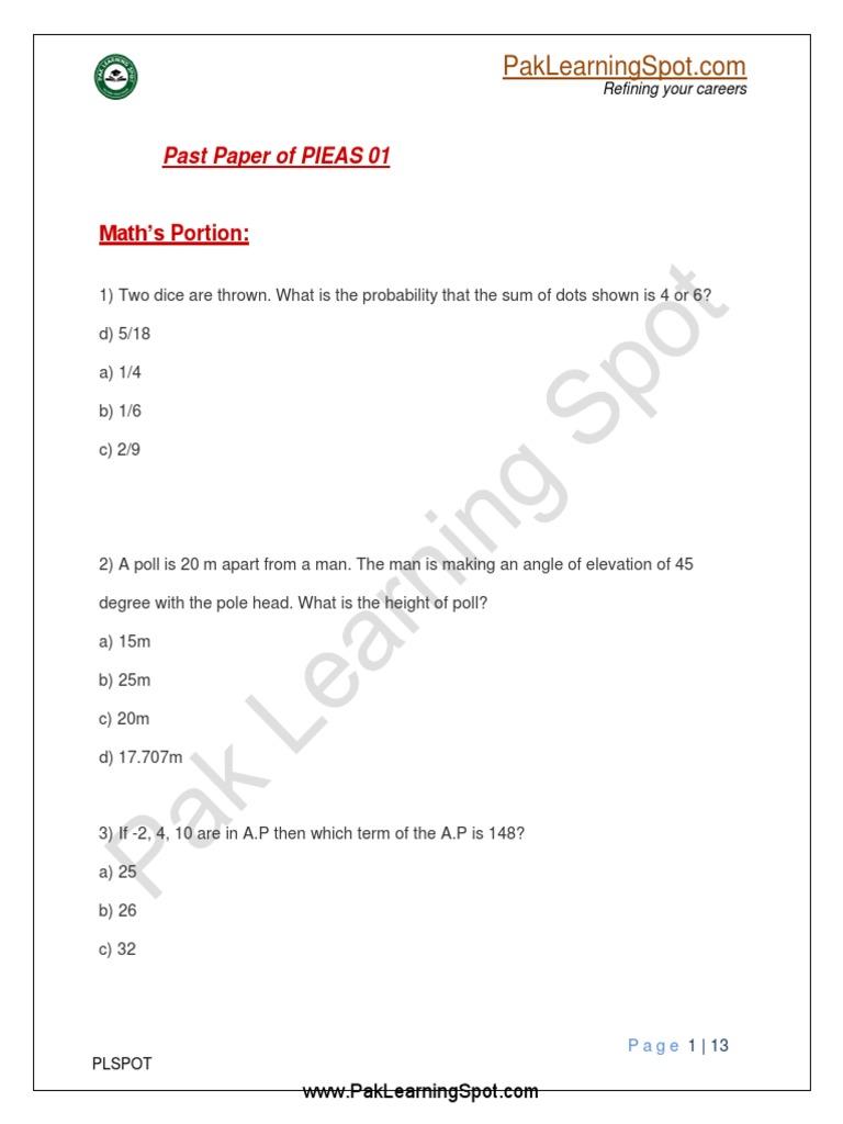 PIEAS 1 Past Paper PakLearningSpot | PDF | Force | Circle