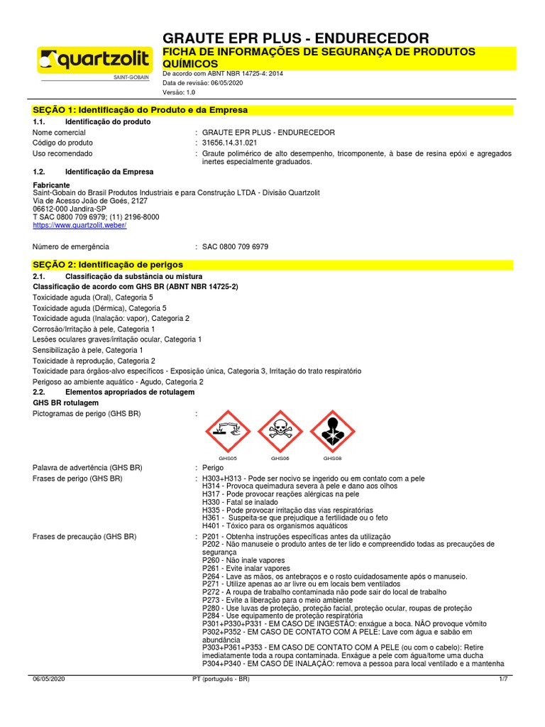 FISPQ GRAUTE EPR PLUS - ENDURECEDOR | PDF | Primeiros socorros | Queimadura
