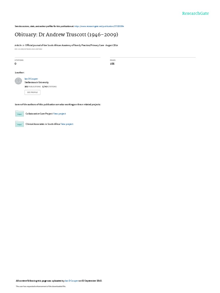Obituary DR Andrew Truscott 1946-2009 | PDF | Nursing | Family Medicine
