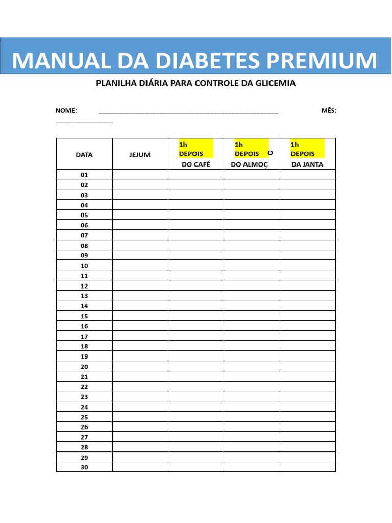 PLANILHA DIÁRIA PARA CONTROLE DA GLICEMIA | PDF