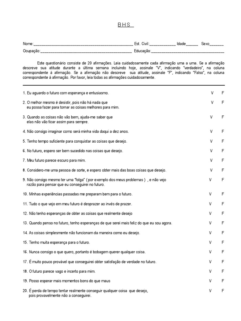 BHS Inventario de Desesperanca de Beck | PDF