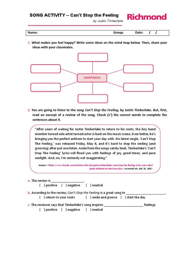 SONG EM Cant Stop The Feeling Final | PDF