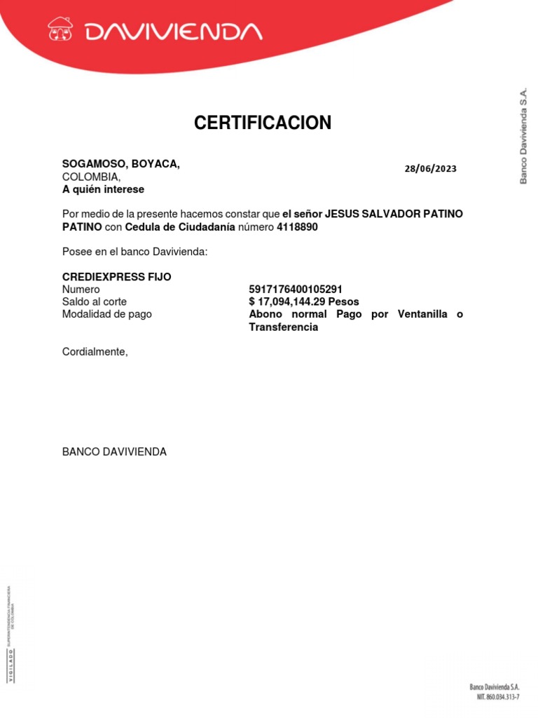 certificacion davivienda | PDF