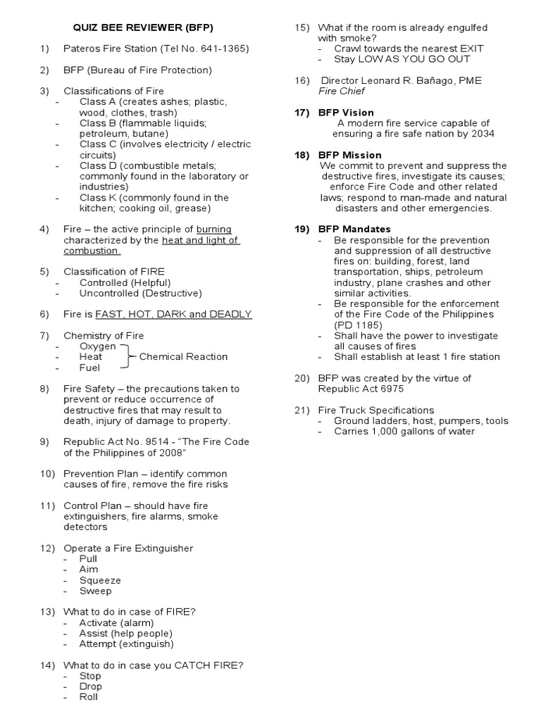 Quiz Bee Reviewer | PDF | Fires | Fire Safety