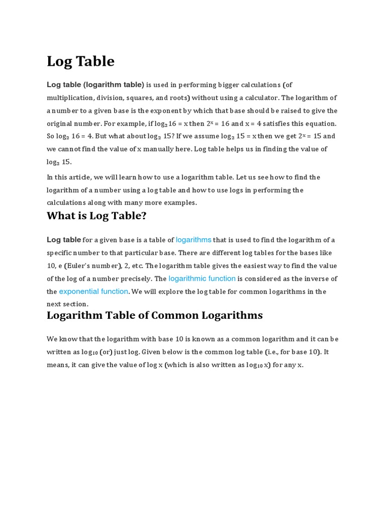 Log Table Pdf Logarithm Numbers