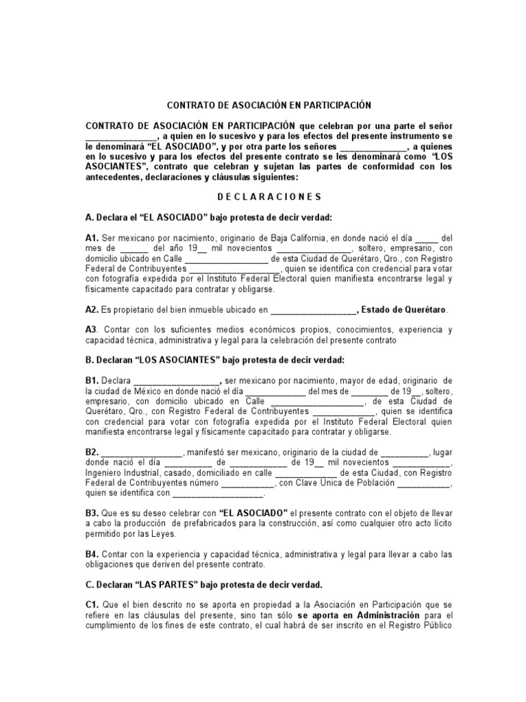Contrato de Asociación en Participación | PDF | Sociedad de ... Contrato de Asociación en Participación | PDF | Sociedad de ...