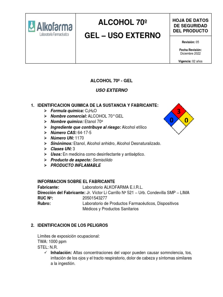 ALCOHOL 70º GEL MSDS Rev 5 | PDF | Etanol | Agua