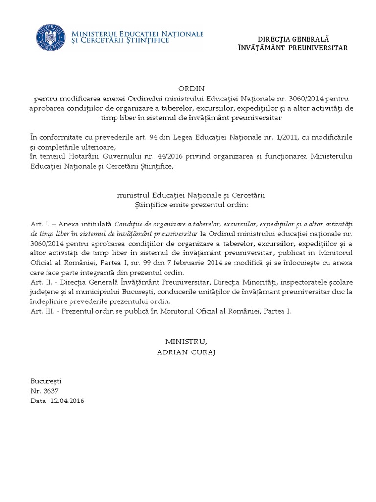Ordin Aprobare Regulament - Tabere - Revizuit - 2016 | PDF