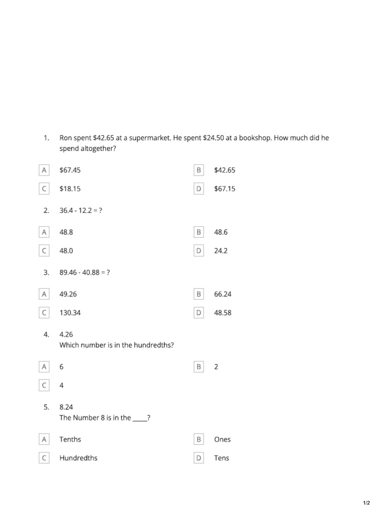 Addition And Subtraction Of Decimals questions PDF