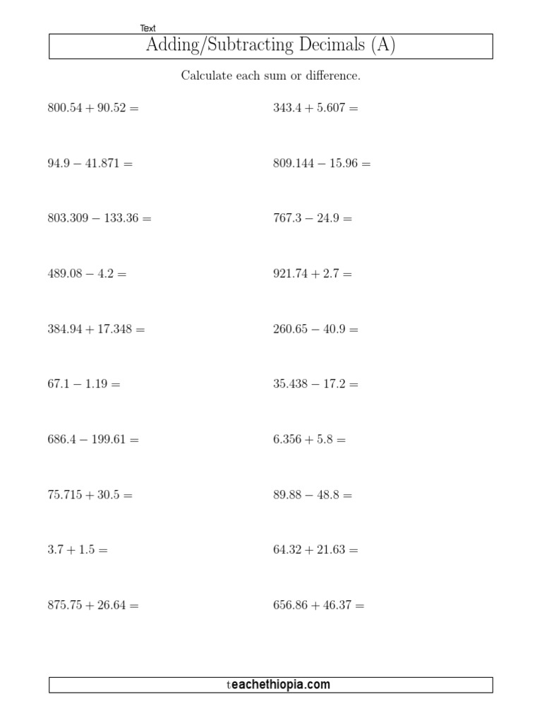 Addition And Subtraction Of Decimals PDF