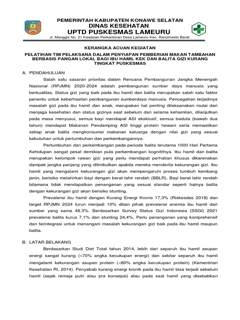 Kak Pelatihan Tim Pelaksana PMT | PDF