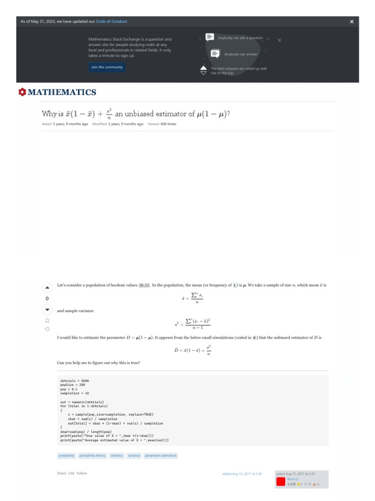 Probability - Why Is $ - Bar X (1 - Bar X) + - Frac (S 2) (N) $ An Unbiased Estimator of $ - Mu ...