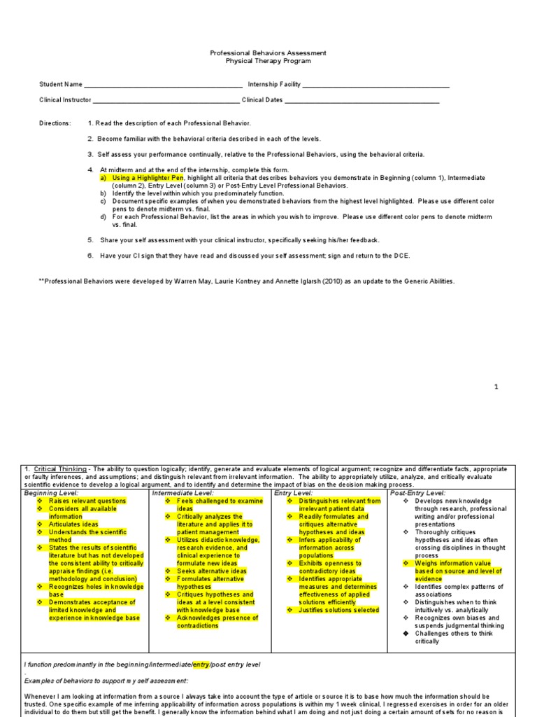 Professional Behaviors Student Self Assessment 4 2010 Generic Abilities ...