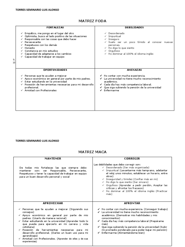 MATRIZ MACA FODA | PDF | Análisis FODA | Cognición