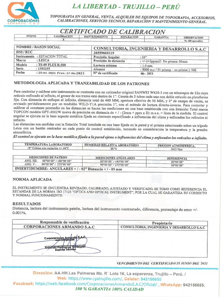 Certificado de Calibración-Junio 2021 | PDF
