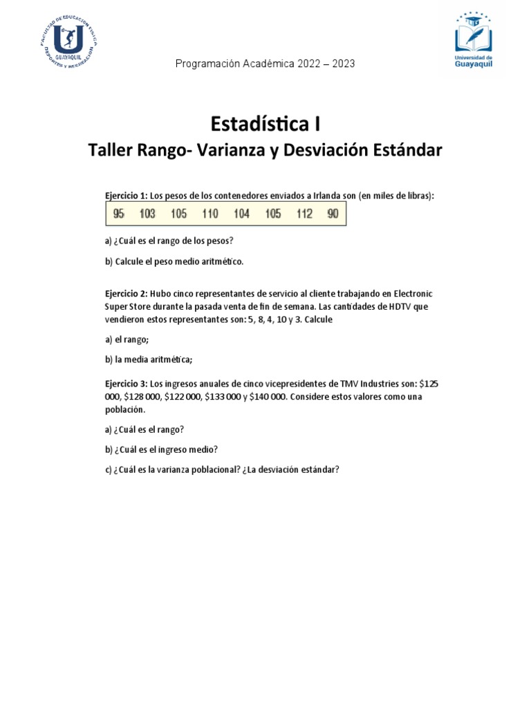Taller Rango, Varianza y Desviación Estándar | PDF