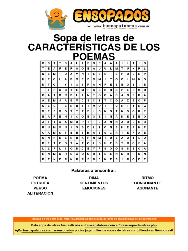 Sopa de Letras de Características de Los Poemas | PDF