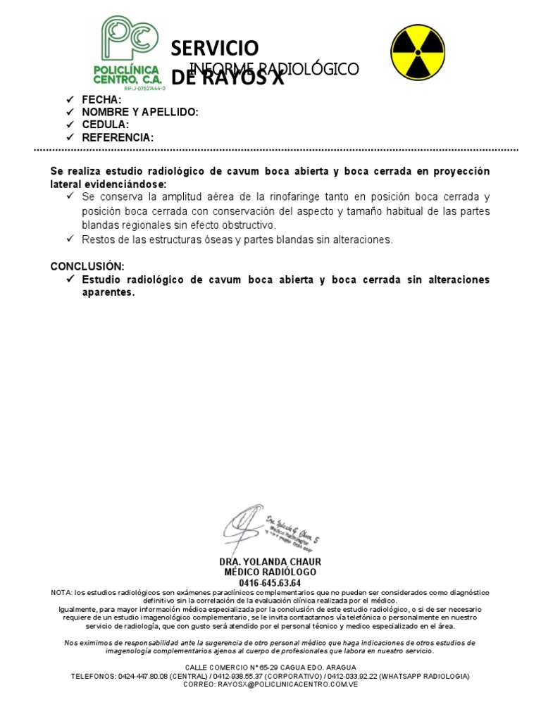 Informe Radiológico de Cavum Normal | PDF