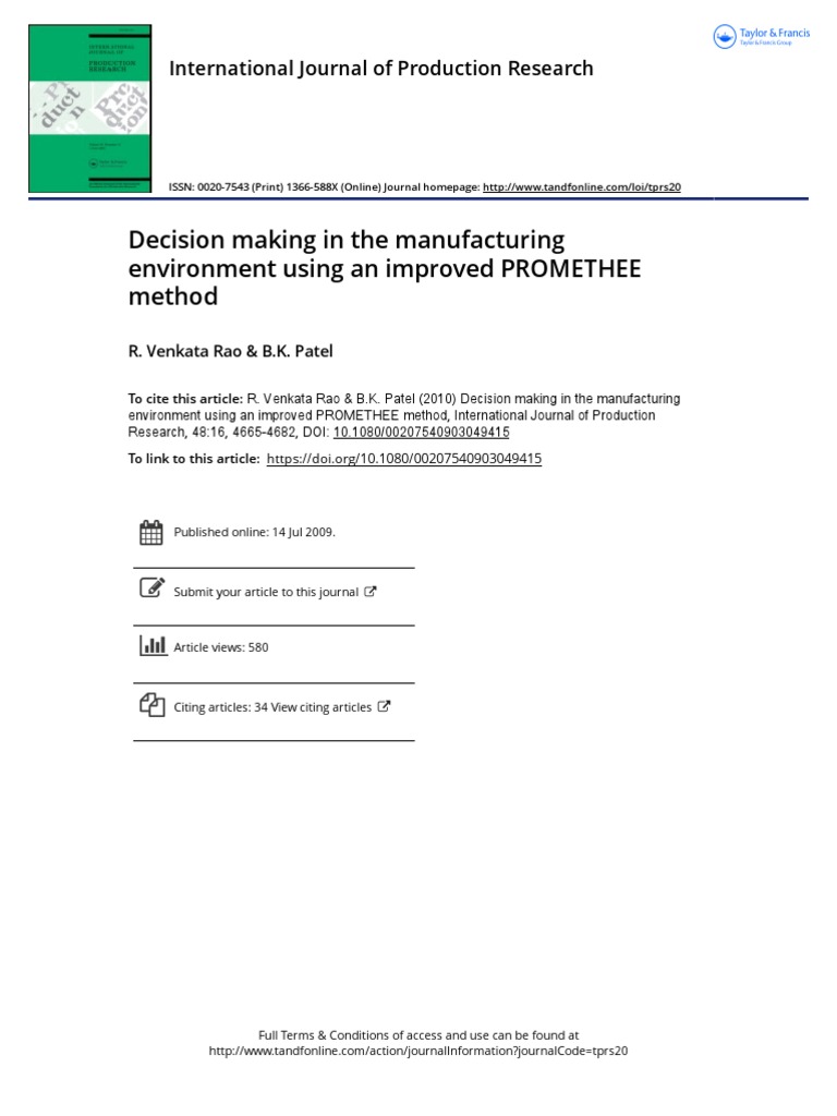Decision making in the manufacturing environment using an improved PROMETHEE method | PDF ...