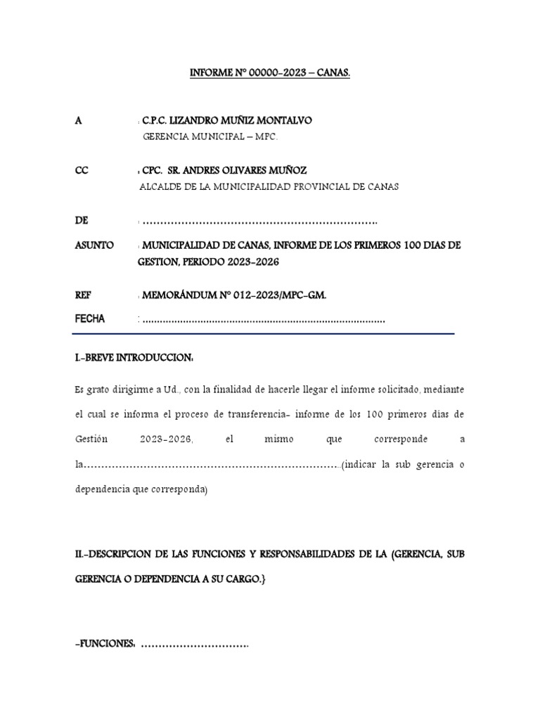 INFORME DE LOS 100 DIAS DE GESTION-CANAS | PDF | Gobierno