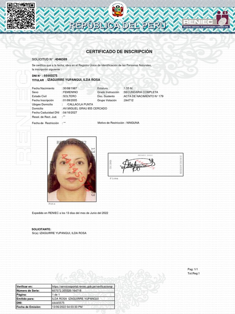Certificado de Inscripción | PDF