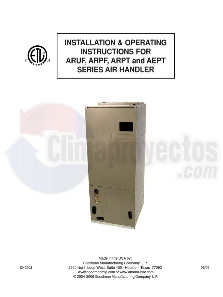 Installation Guide Goodman ARUF CP | PDF | Electrical Wiring | Duct (Flow)