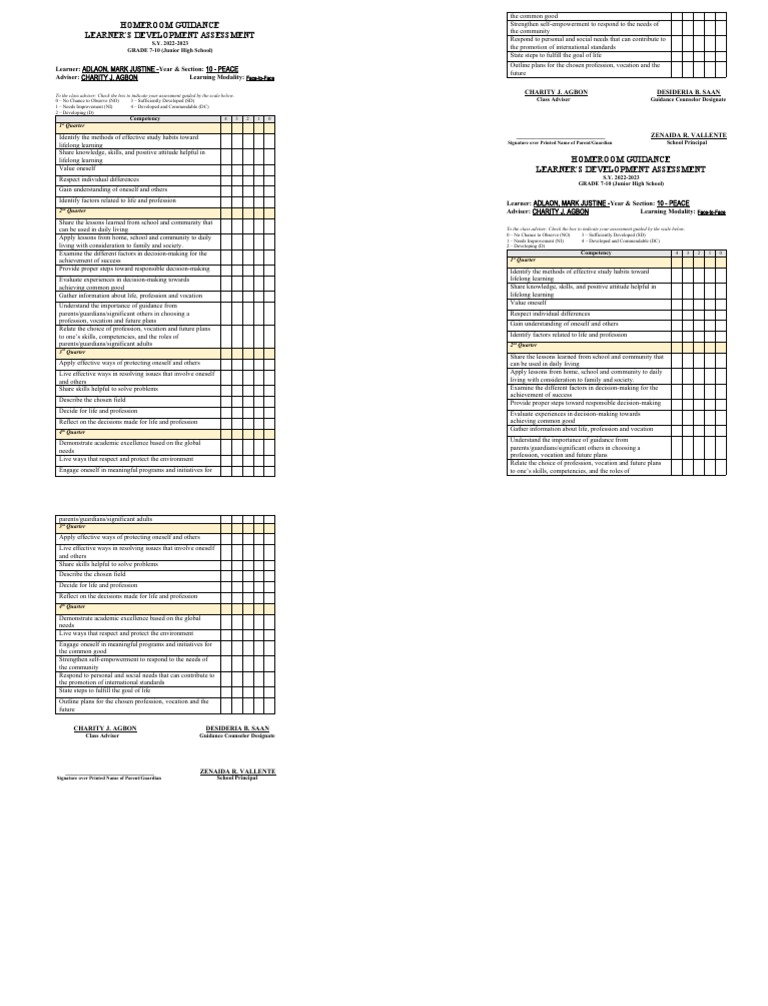 Homeroom Guidance SF9 & SF10 Attachment | PDF | Decision Making | Learning