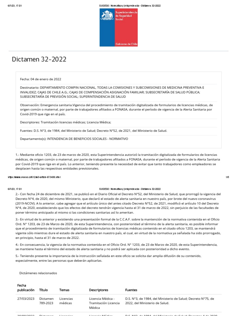 SUSESO_ Normativa y Jurisprudencia - Dictamen 32-2022 | PDF