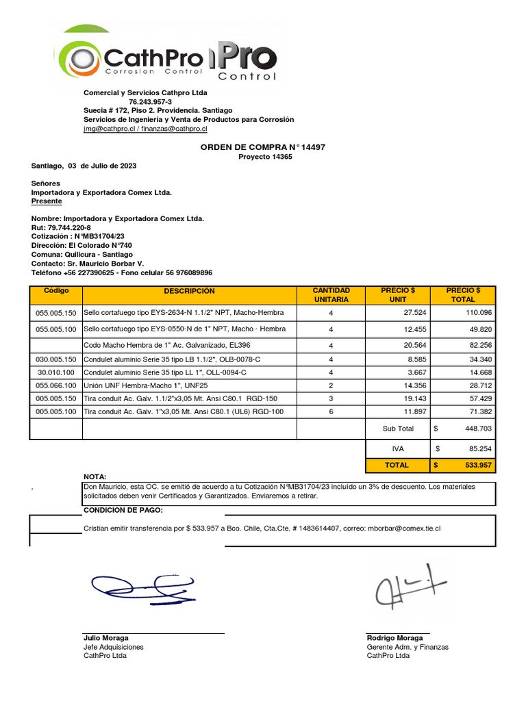 OC. 14497 Importadora y Exportadora Comex Ltda. - Proyecto 14365 | PDF