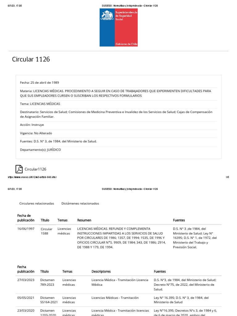 SUSESO - Normativa y Jurisprudencia - Circular 1126 | PDF