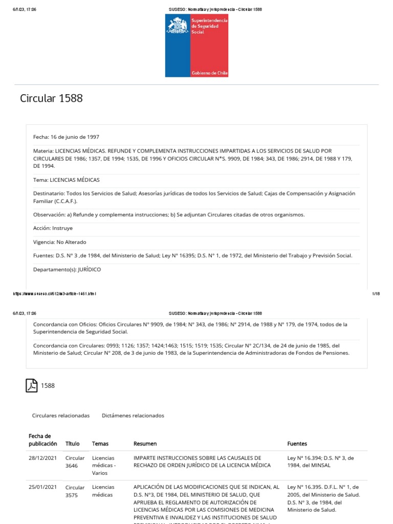 SUSESO - Normativa y Jurisprudencia - Circular 1588 | PDF