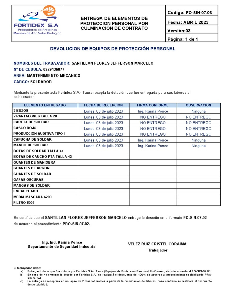 Devolucion de EPP Por Culminacion de Contrato | PDF