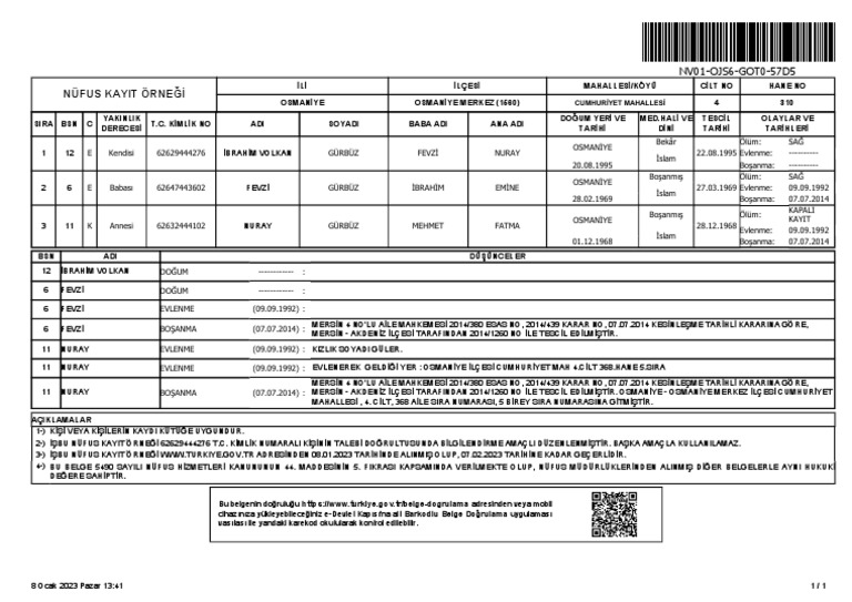 Nufus Kayit Ornegi | PDF