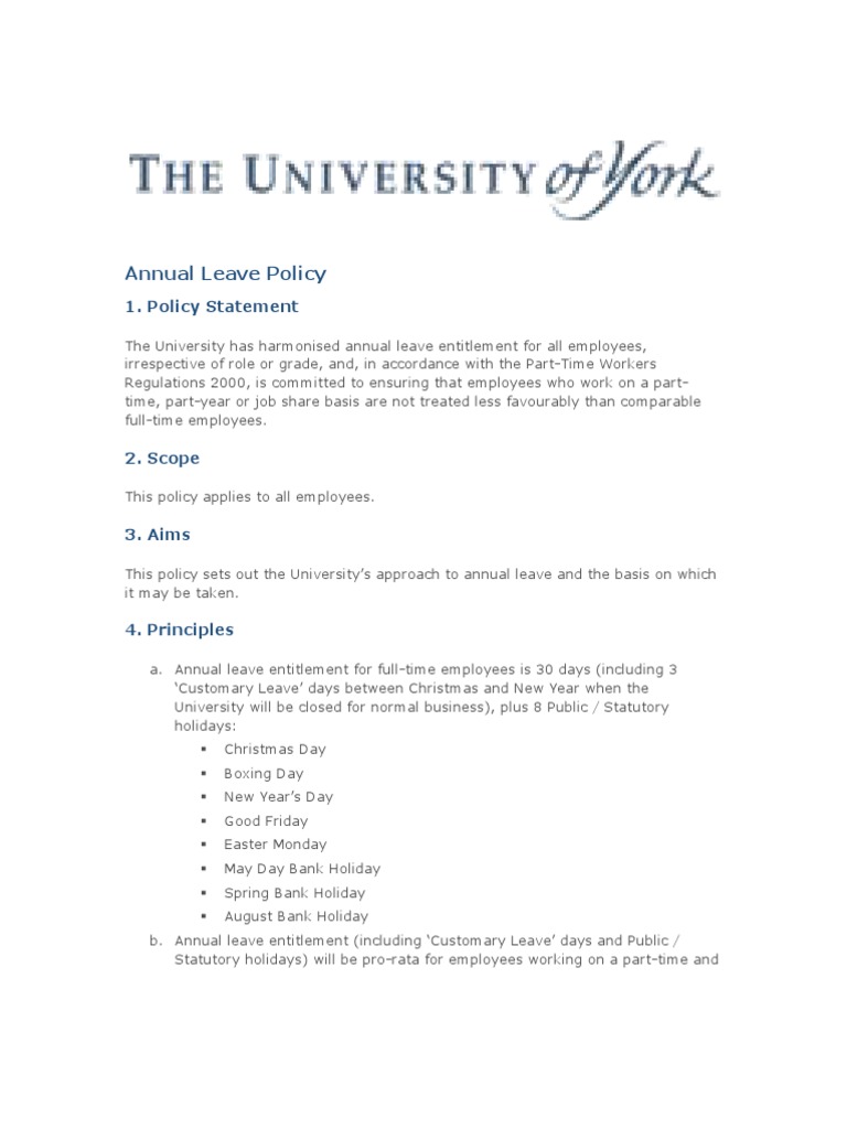 Annual Leave Policy of University of York | PDF | Parental Leave | Pension