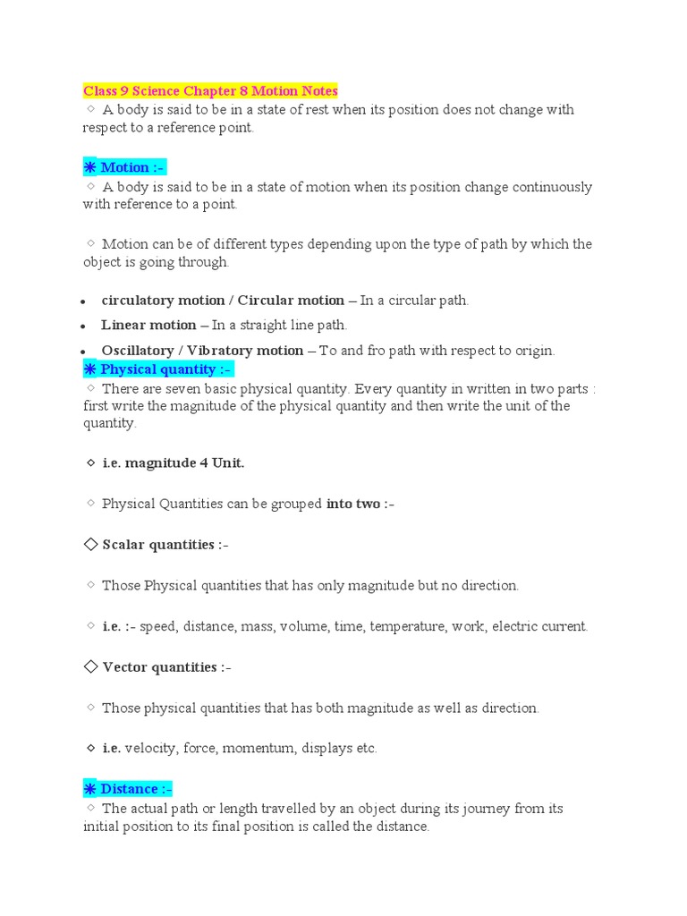 Class 9 Science Chapter 8 Motion Notes Pdf