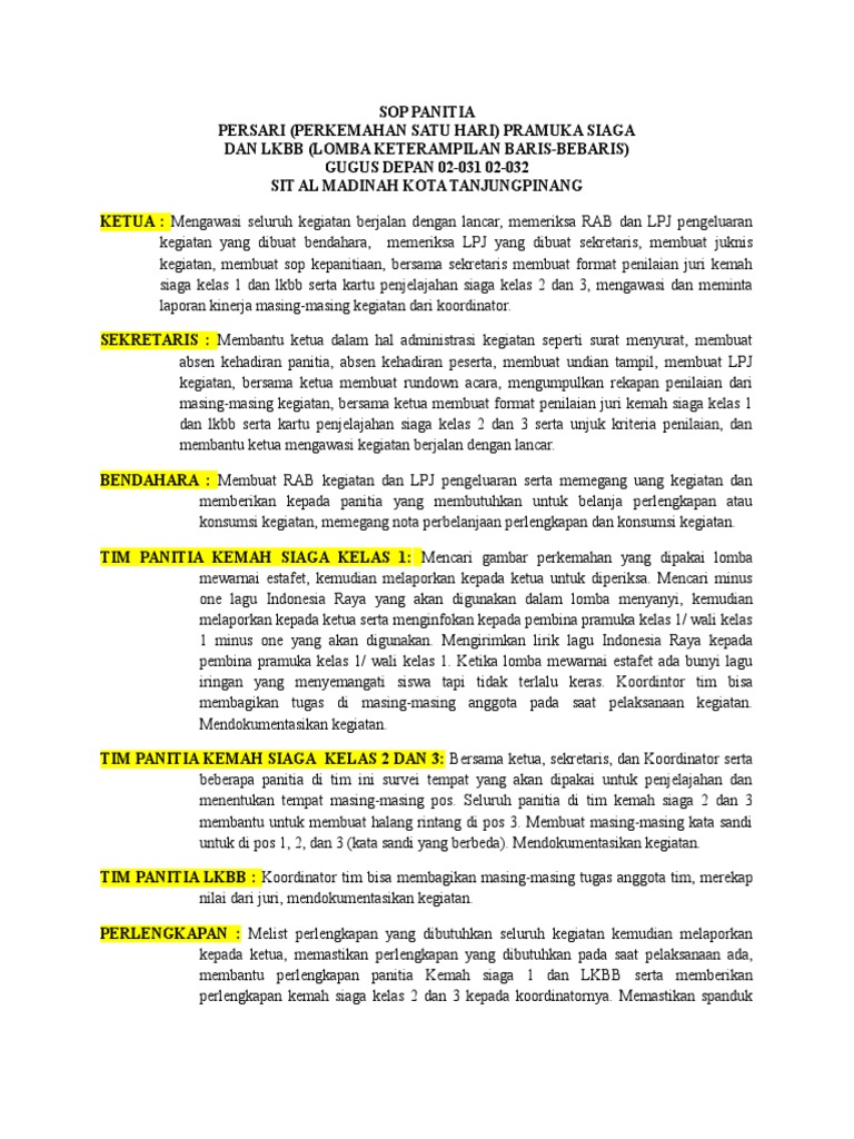 SOP PANITIA PRAMUKA SIAGA DAN LKBB | PDF