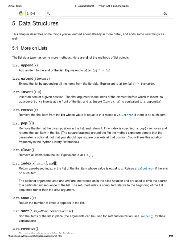 Data Structures Python 3 10 6 Documentation Pdf