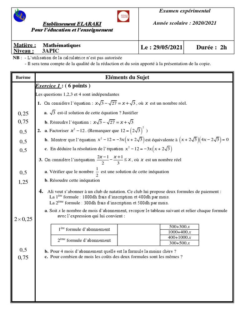 Maths 3APIC EXAMEN ELARAKI 2020-2021 | PDF