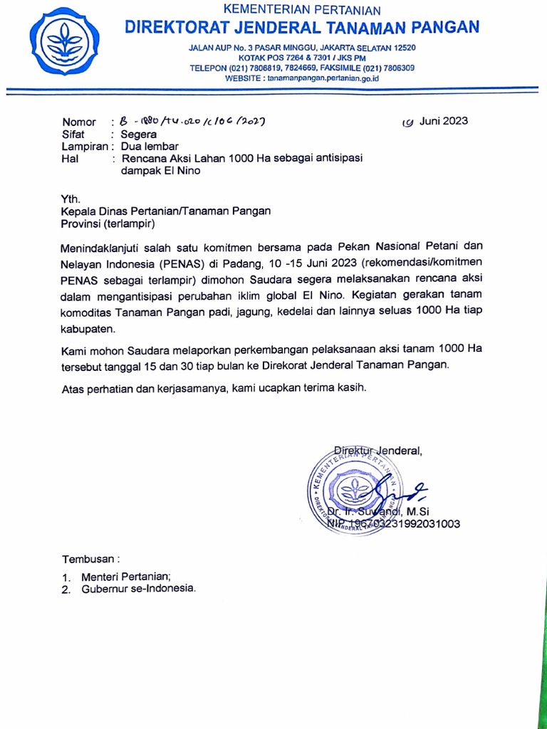 Surat DJTP-1.000 Ha El Nino | PDF