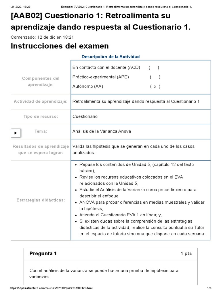 Examen - (AAB02) Cuestionario 1 - Retroalimenta Su Aprendizaje Dando Respuesta Al Cuestionario 1 ...